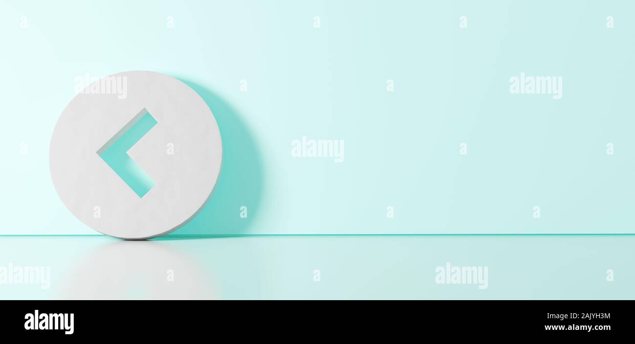 3D rendering of white symbol of left chevron in circle icon leaning on ...