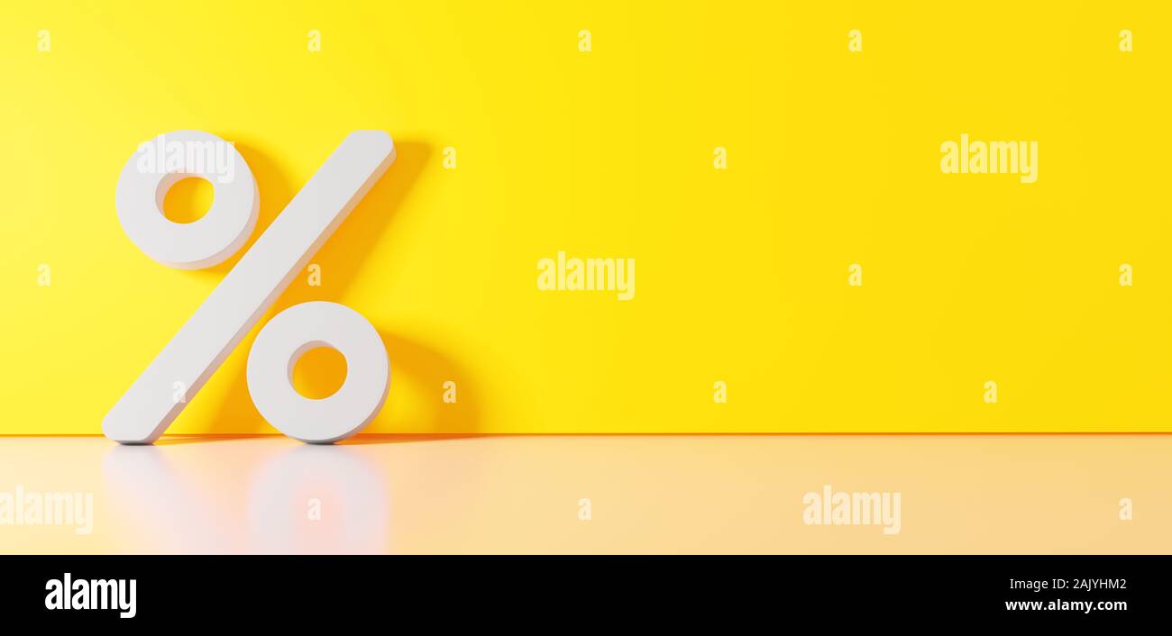 3D rendering of white symbol of percentage symbol icon leaning on on ...