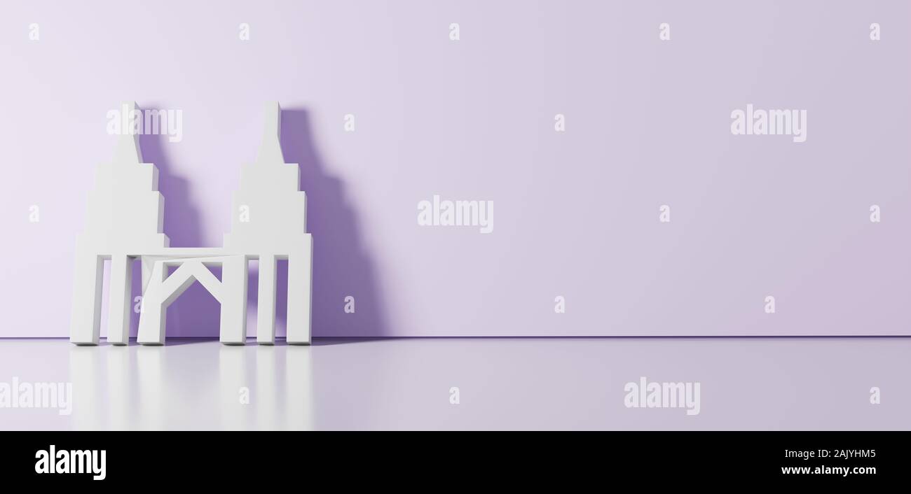 3D rendering of white symbol of Petronas twin tower icon leaning on on color wall with floor ...