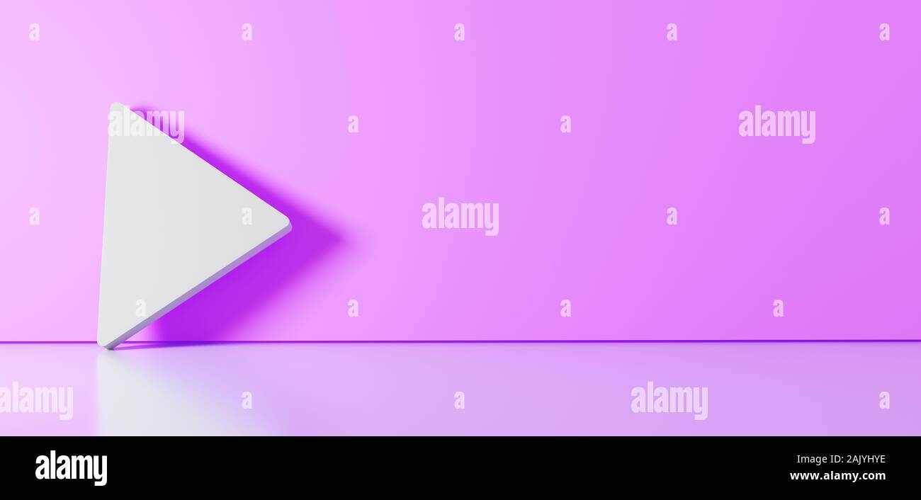 3D rendering of white symbol of triangle play button icon leaning on on ...