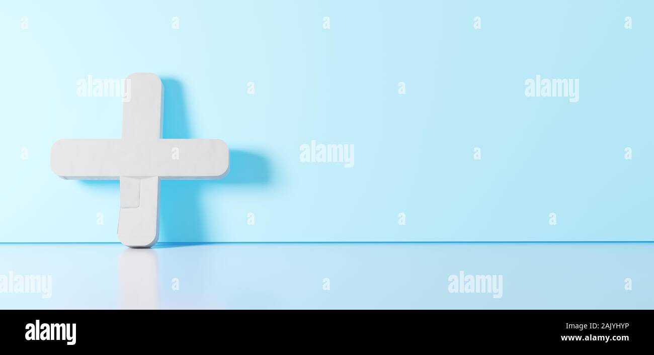 3D rendering of white symbol of plus icon leaning on on color wall with ...