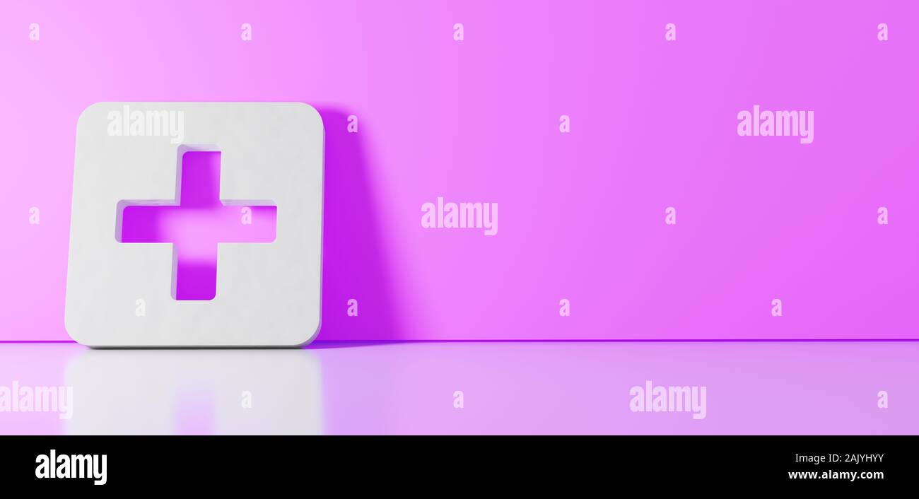 3D rendering of white symbol of bold plus in square icon leaning on on ...
