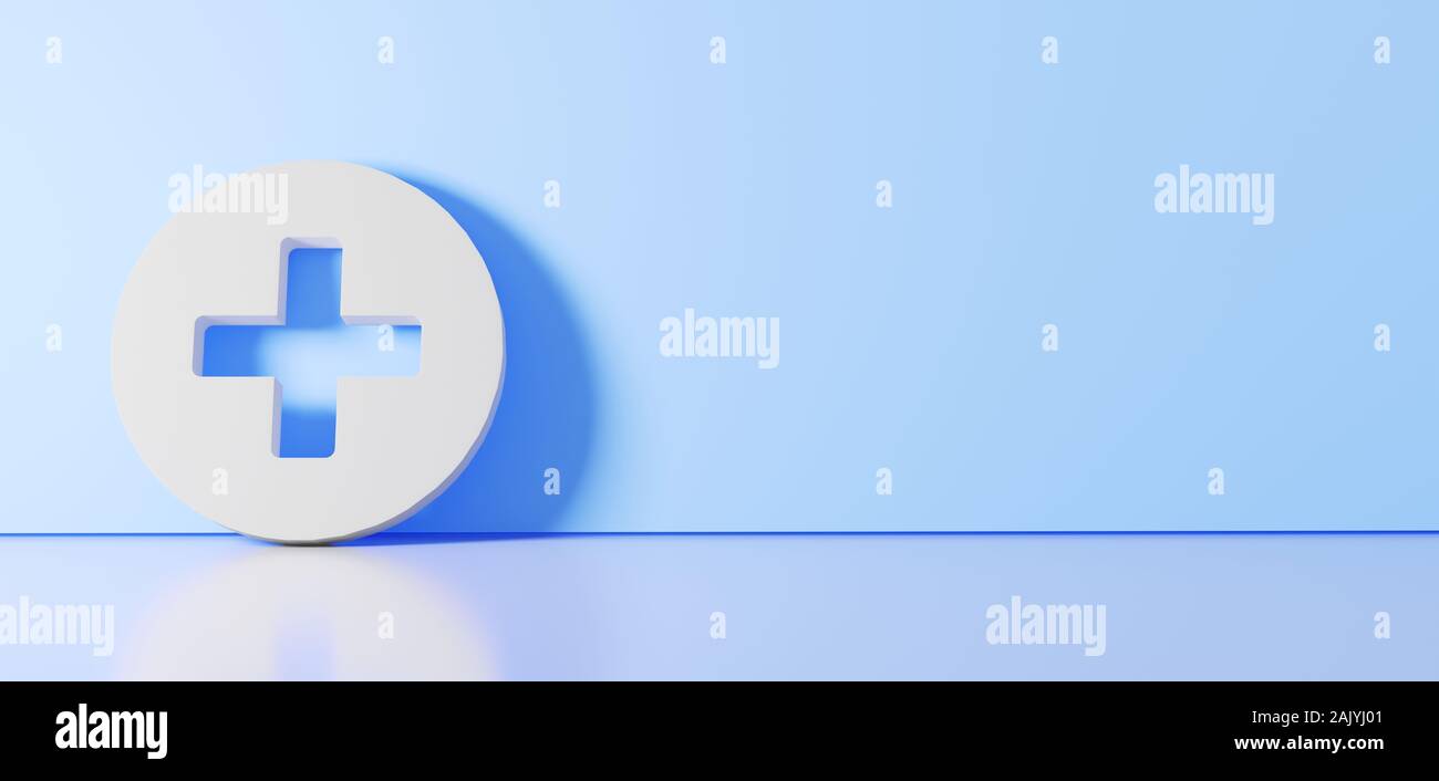 3D rendering of white symbol of bold plus in circle icon leaning on on ...