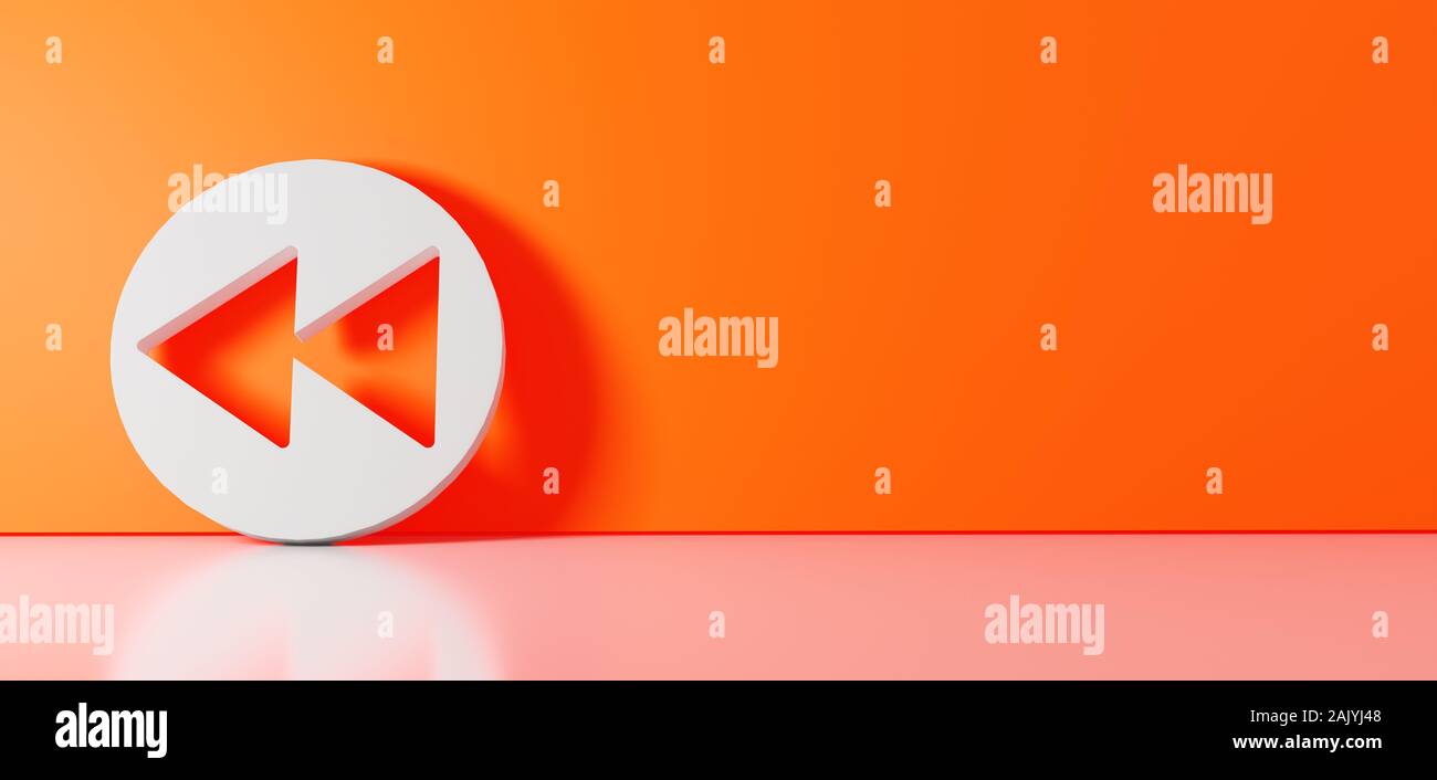 3D rendering of white symbol of rewind sign in circle icon leaning on ...