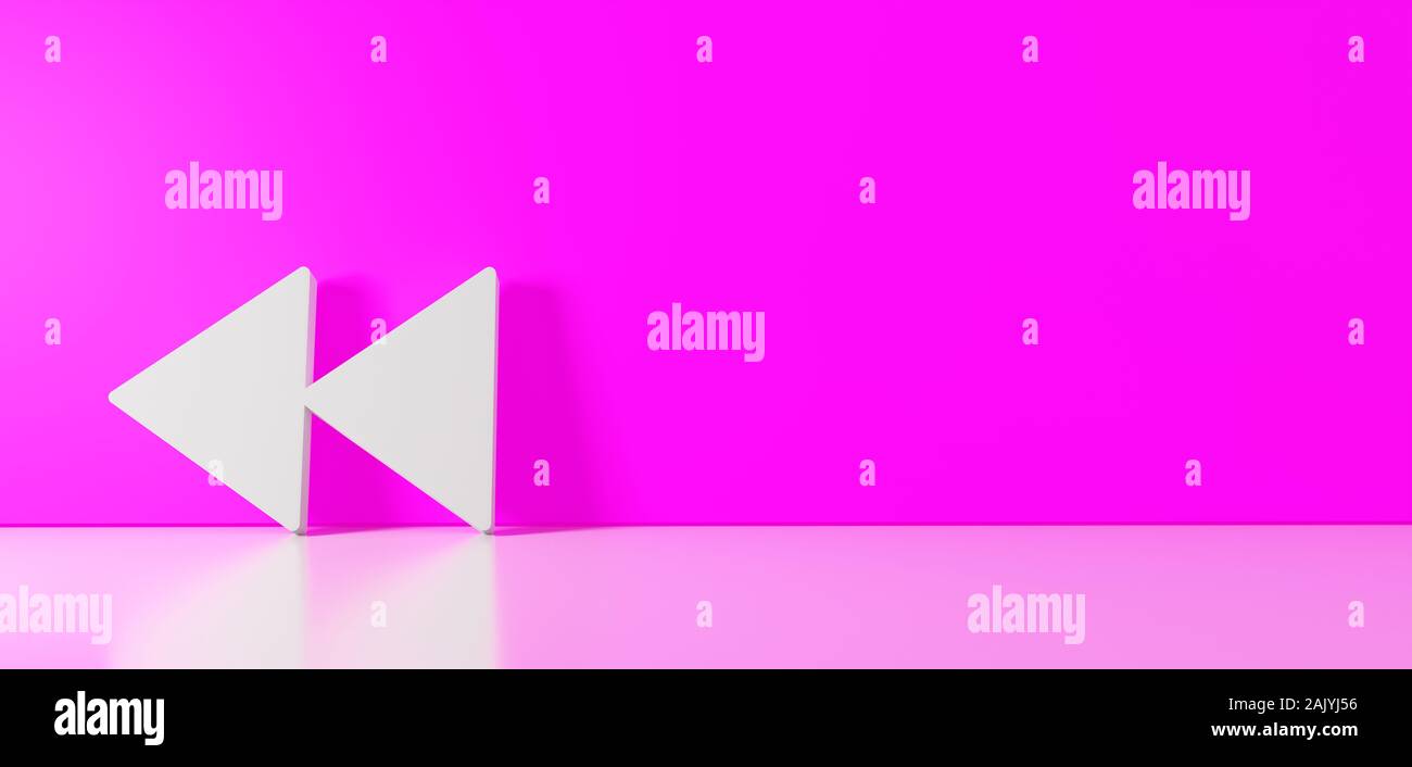 3D rendering of white symbol of rewind sign icon leaning on on color ...