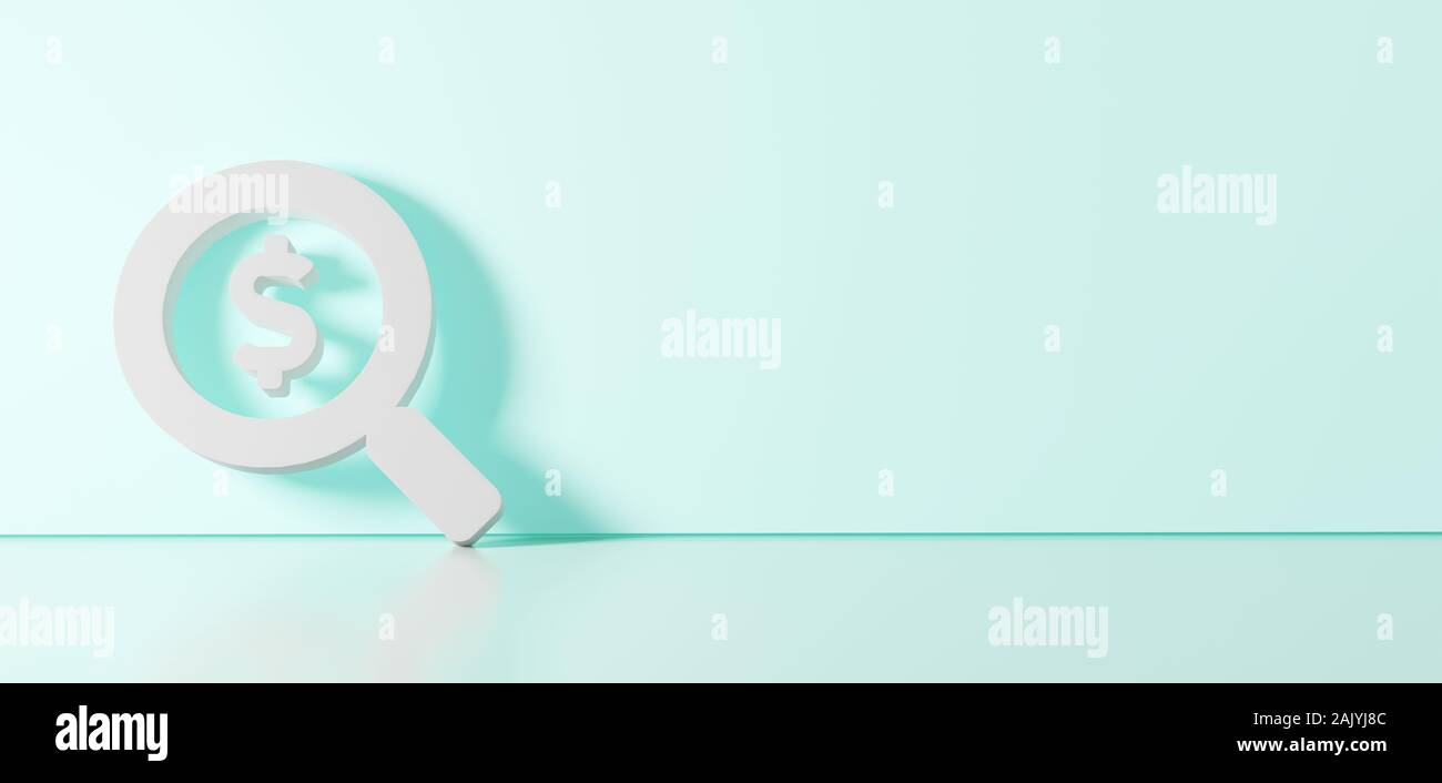 3D rendering of white symbol of magnifying glass with dollar icon ...