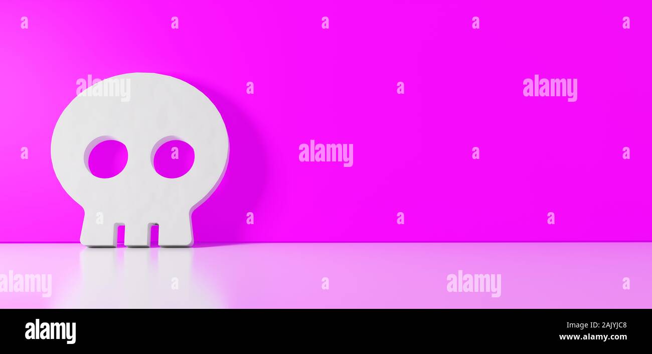 3D rendering of white symbol of skull icon leaning on on color wall ...