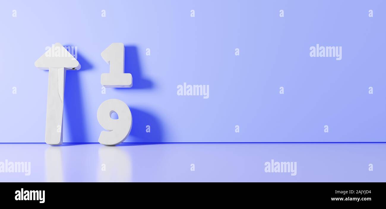 3D rendering of white symbol of up arrow with number one and nine icon ...