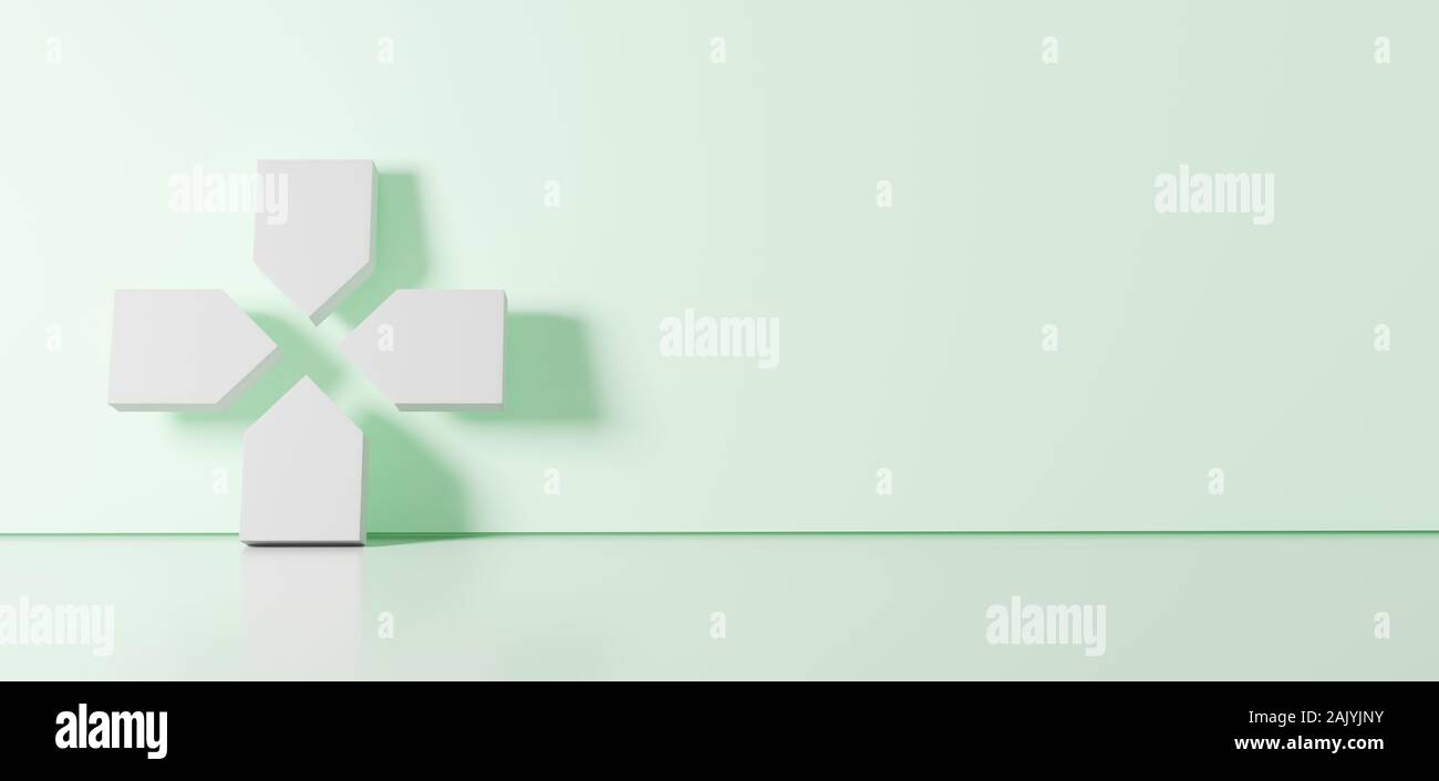 3D rendering of white symbol of cross from four arrows with central ...