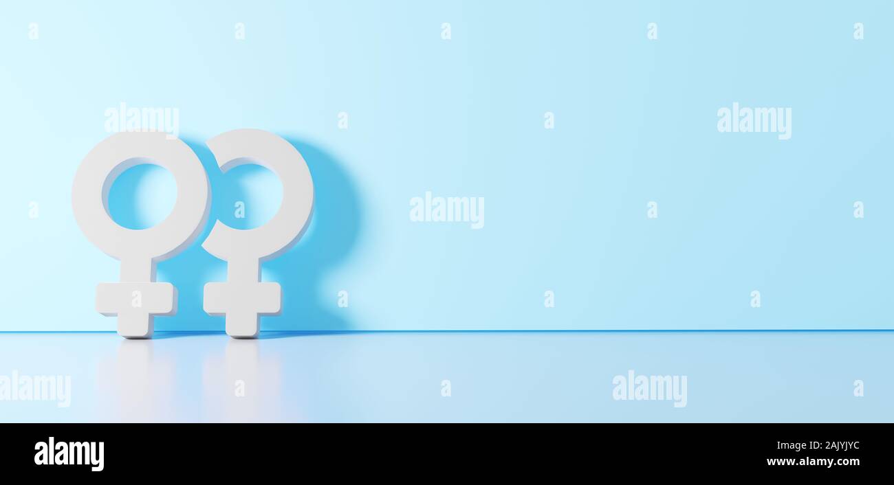 3D rendering of white symbol of two venus woman signs icon leaning on ...