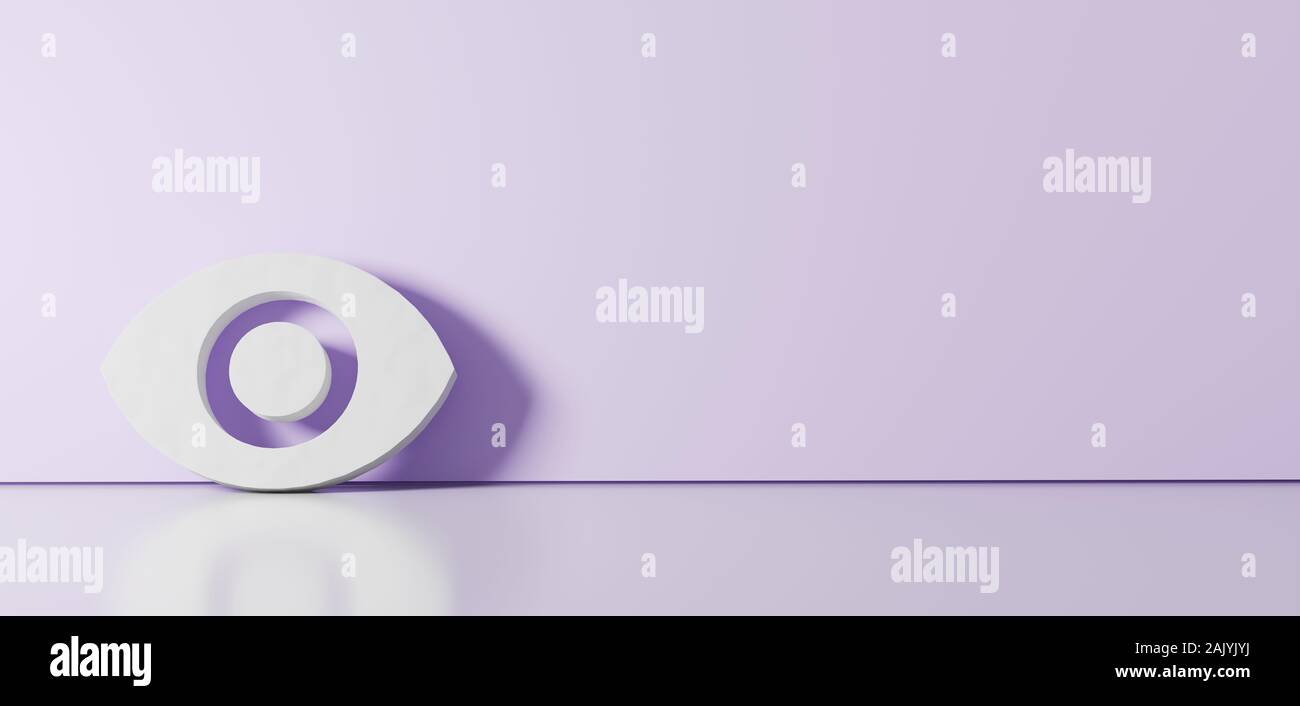 3D rendering of white symbol of open eye icon leaning on on color wall ...