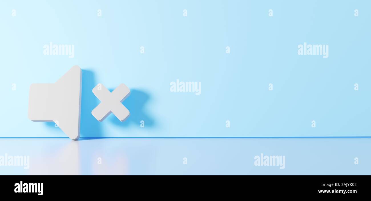 3D rendering of white symbol of speaker off with cross icon leaning on ...