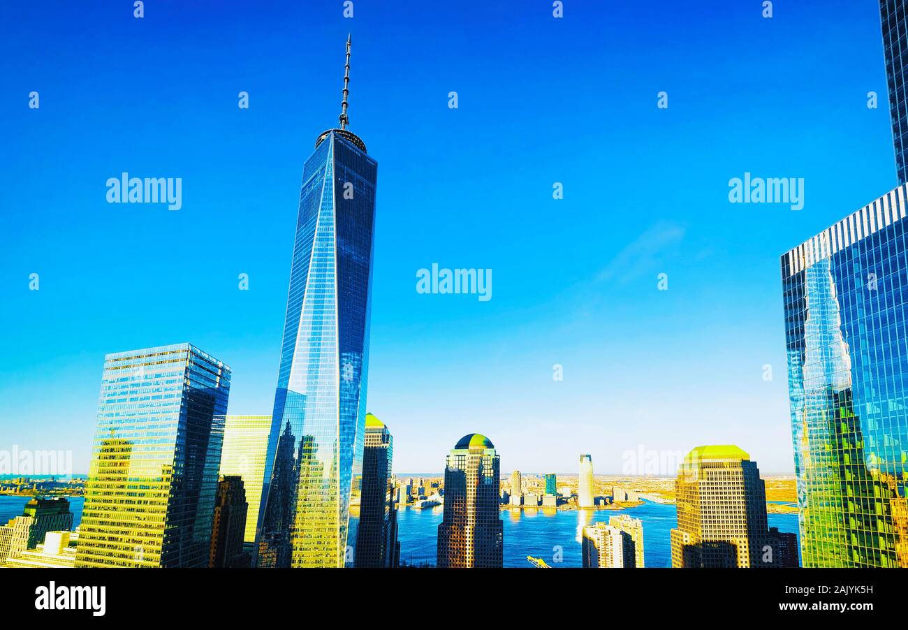 Aerial view with World Financial Center Freedom Tower reflex Stock ...