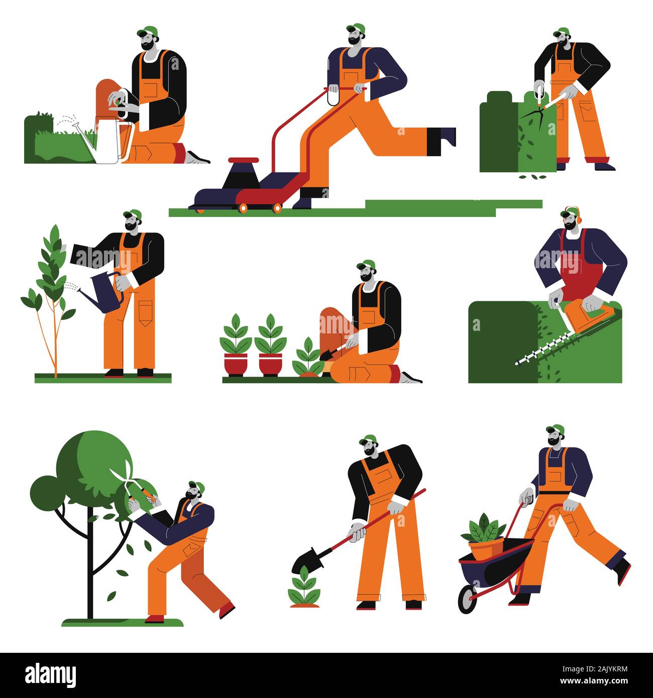Gardening isolated icons, gardener with water can and lawn mower Stock ...