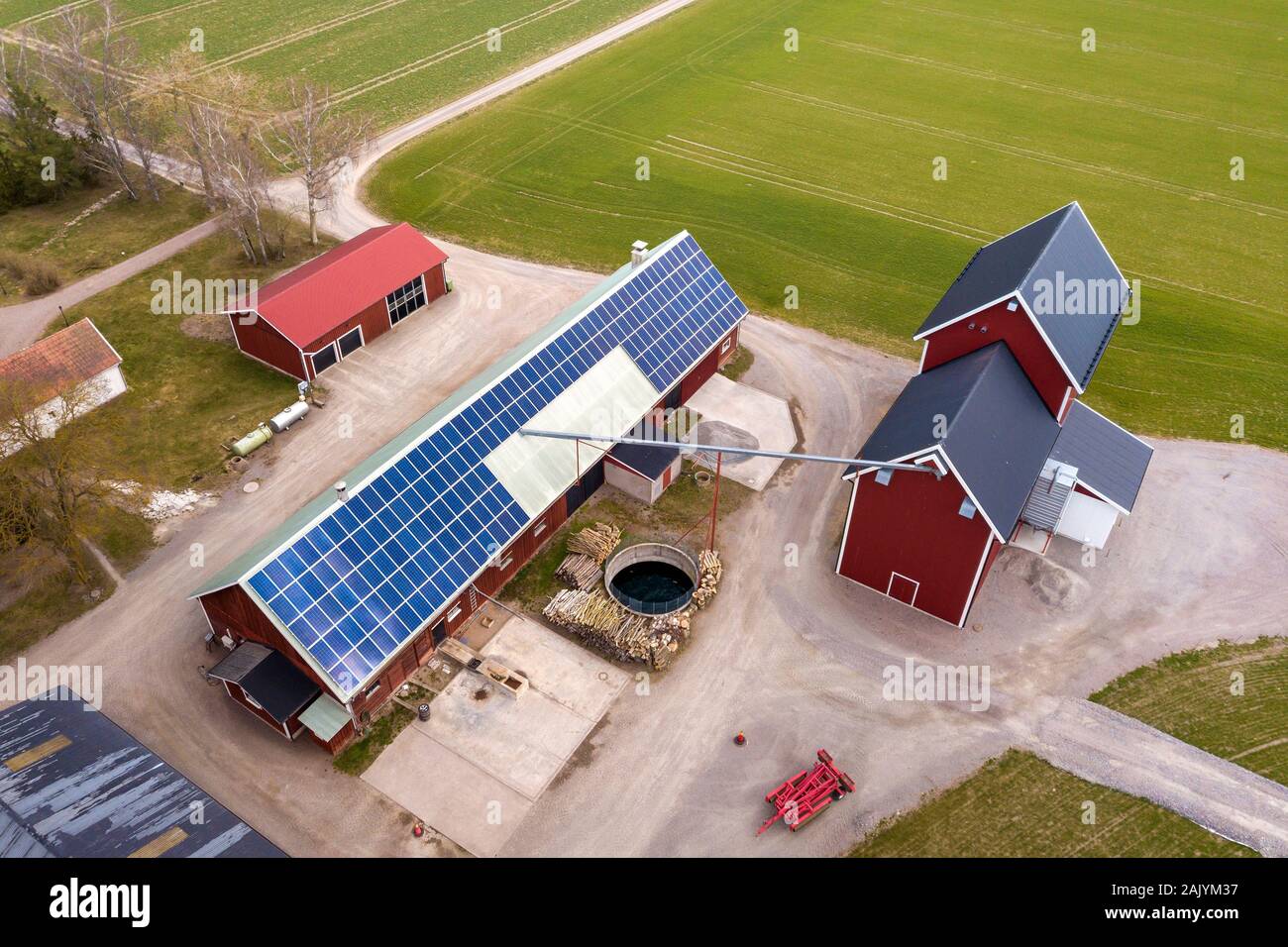 Top view of rural landscape on sunny spring day. Farm with solar photo ...