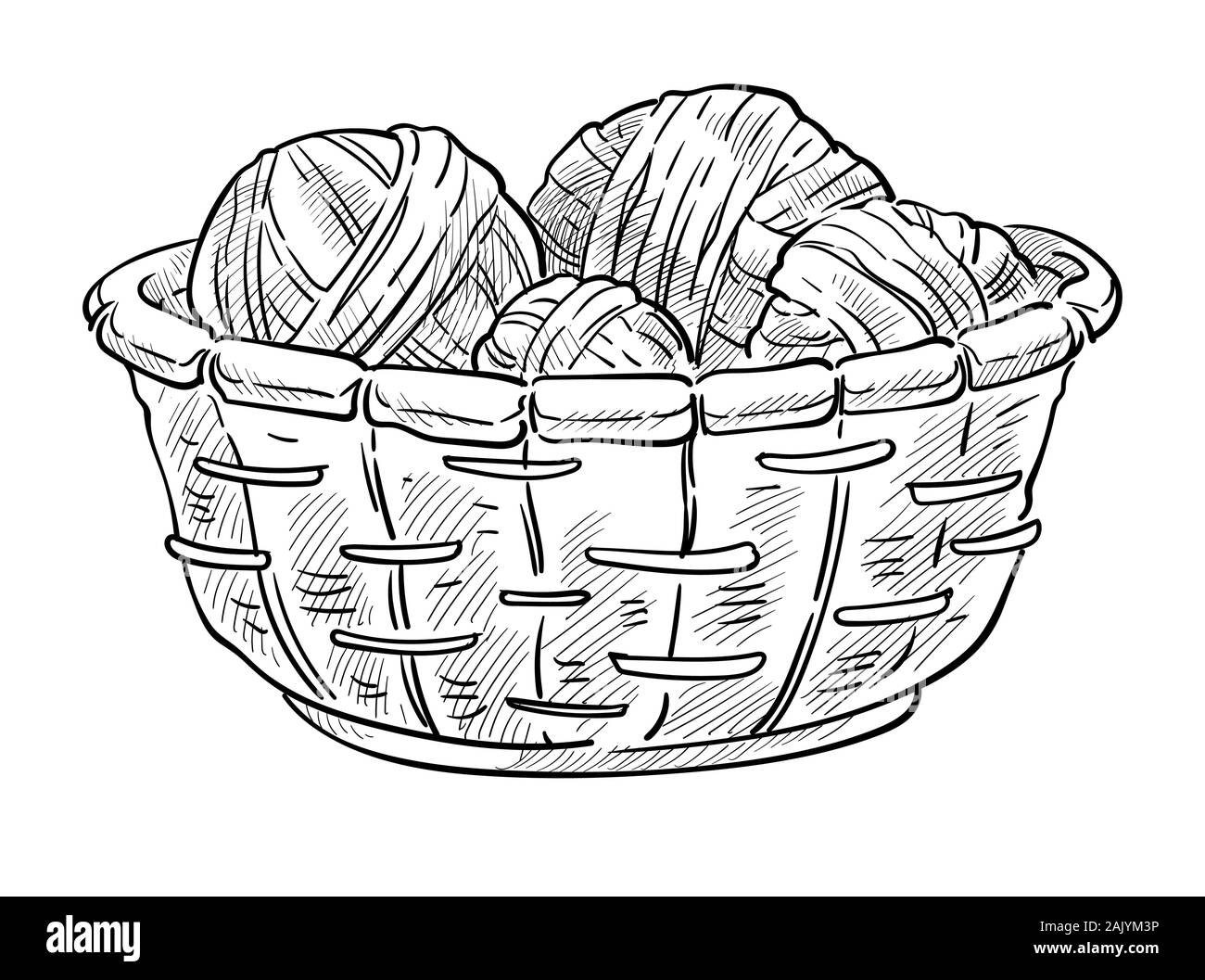 Knitting items, woolen thread balls in basket isolated sketch icon ...
