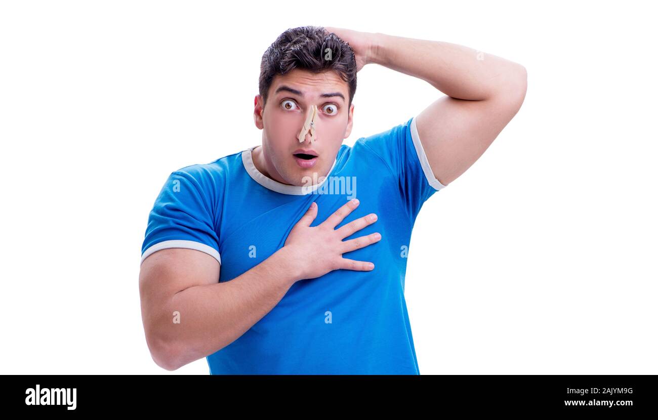 Man sweating excessively smelling bad isolated on white background ...