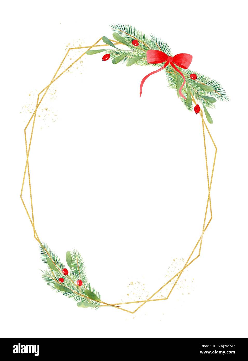 Oval shape frame hand drawn watercolor illustration. Christmas ...