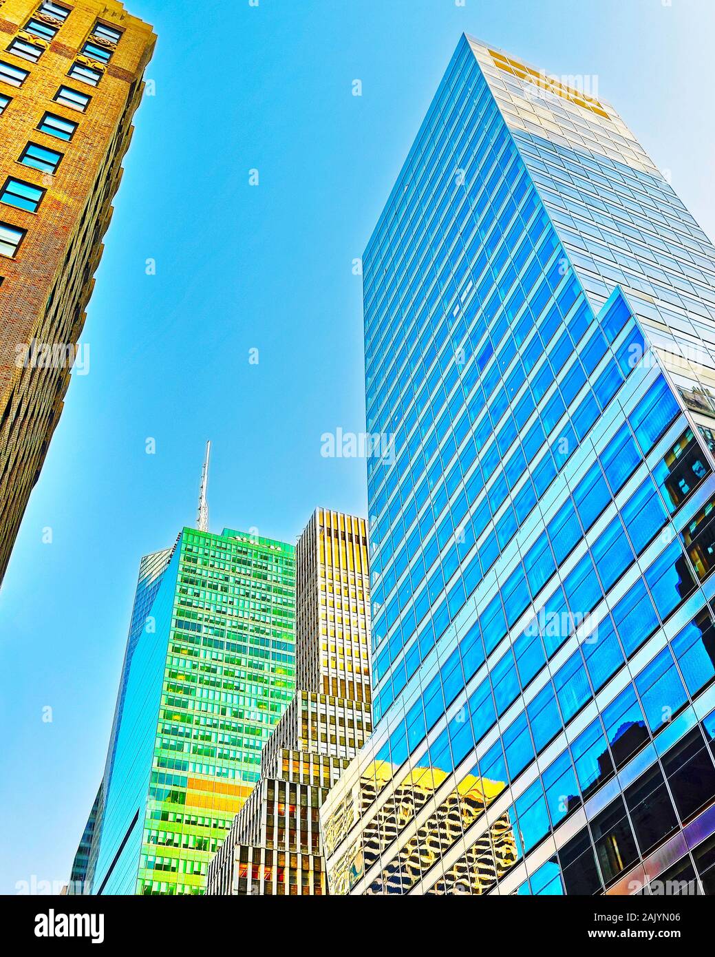 Bottom up view on Manhattan Skyline with Skyscrapers reflex Stock Photo ...