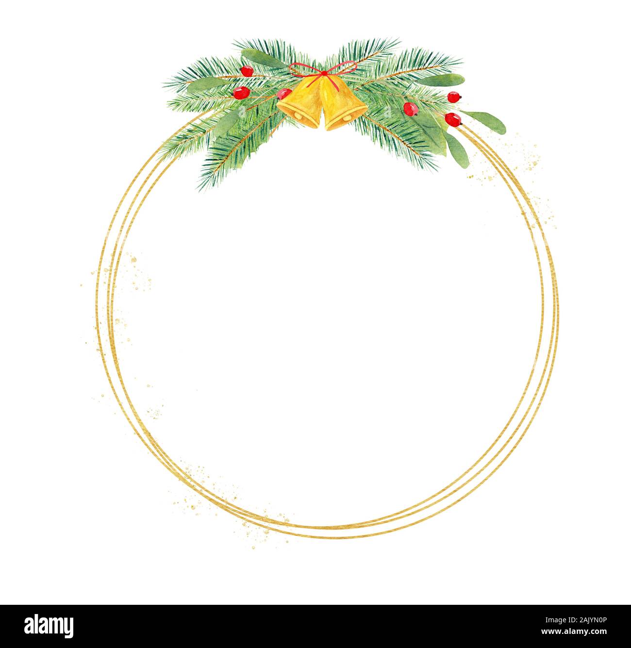 Christmas round frame hand drawn watercolor illustration. Festive ...