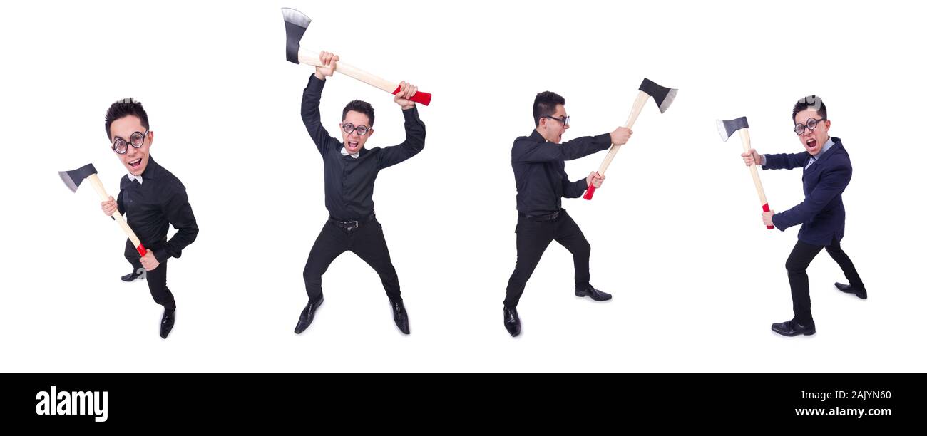 The funny man with axe on white Stock Photo - Alamy