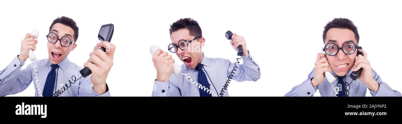 The crazy man with phone on white Stock Photo - Alamy