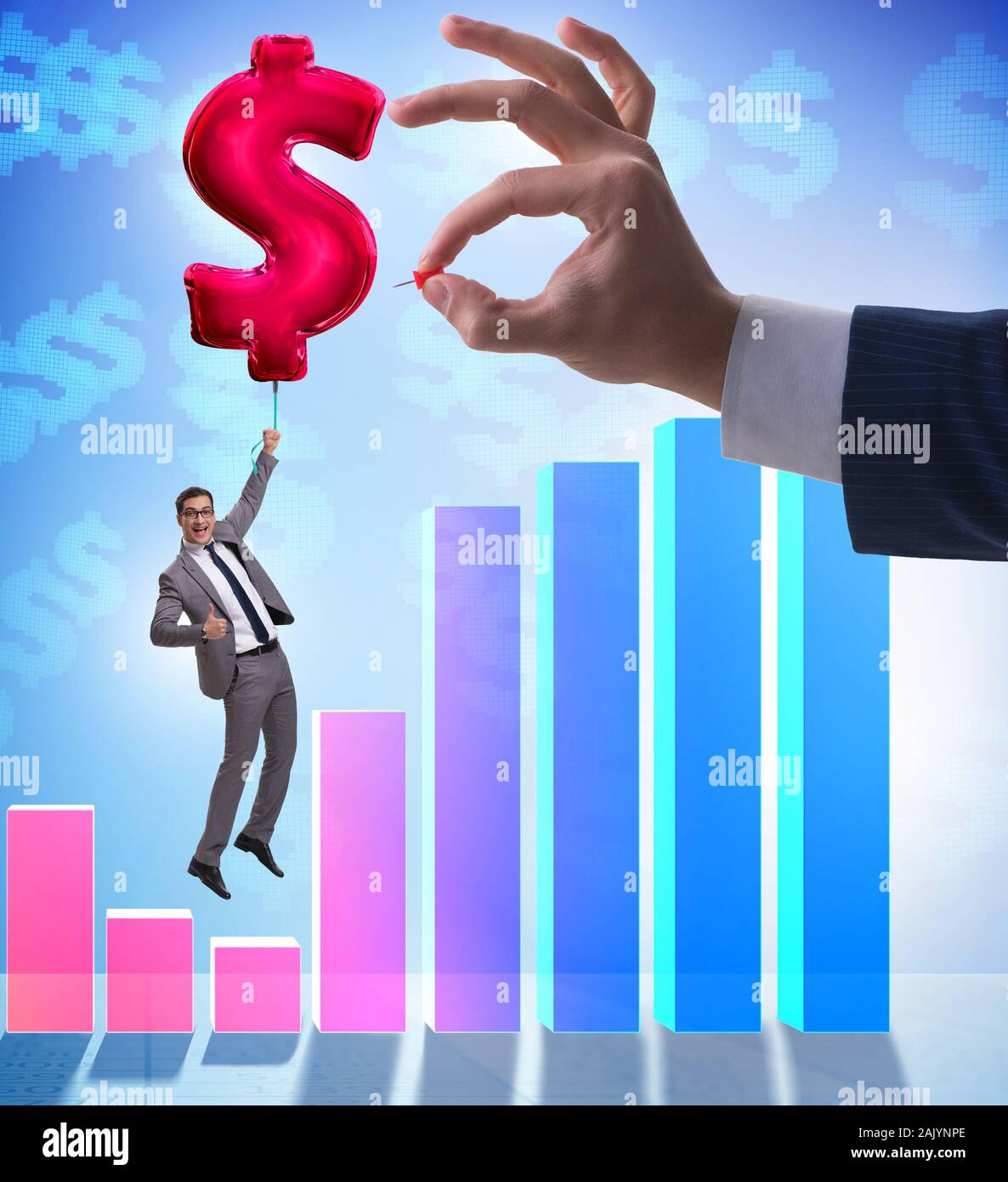 Businessman flying on dollar sign inflatable balloon over financials ...