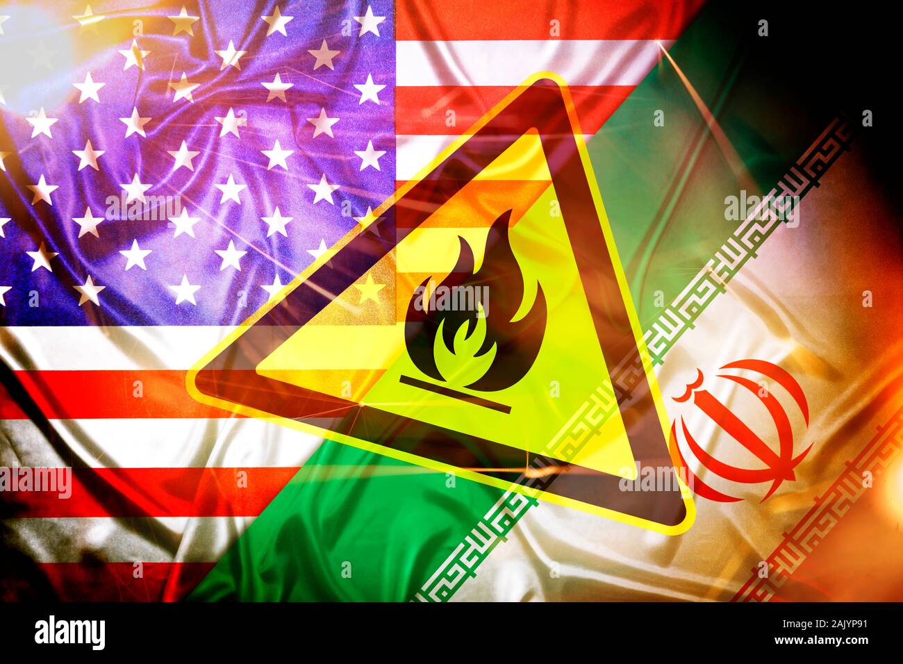 Warning sign in front of flags of Iran and the USA, US-Iran conflict ...