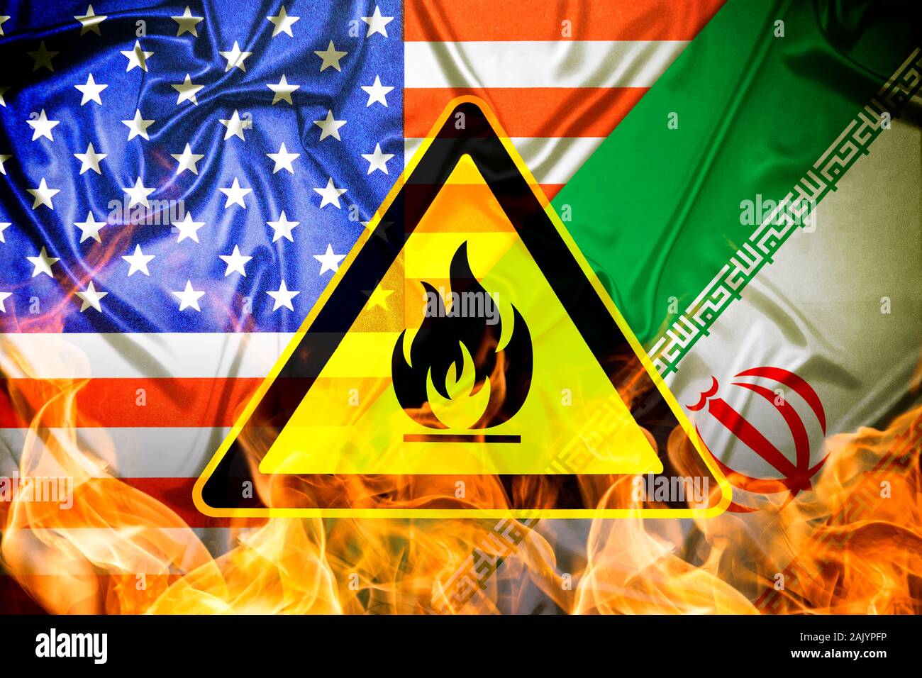 Warning sign in front of flags of Iran and the USA, US-Iran conflict ...