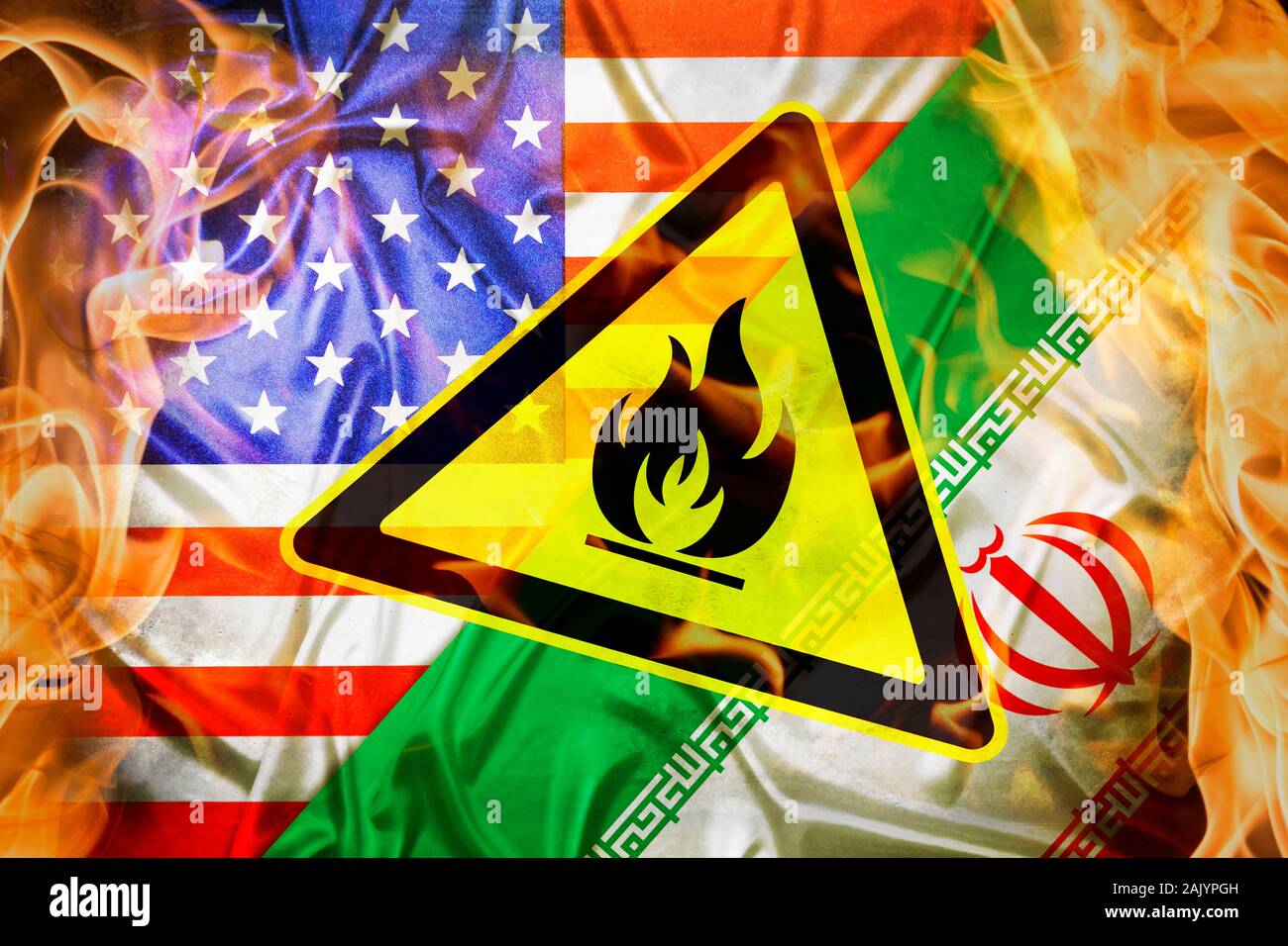 Warning sign in front of flags of Iran and the USA, US-Iran conflict ...