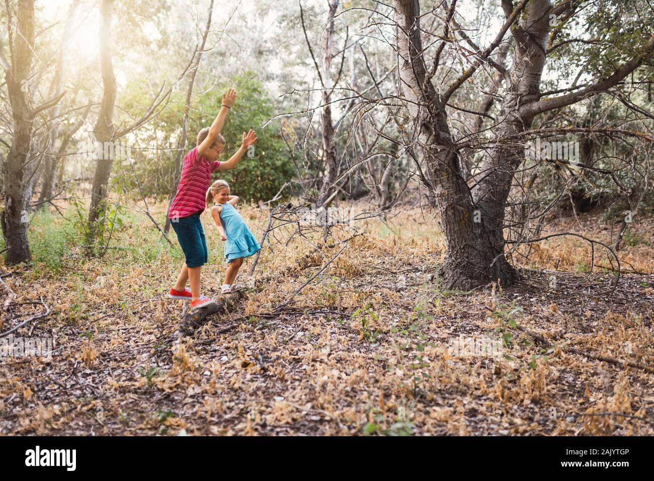 Two kids playing in the forest Stock Photo - Alamy