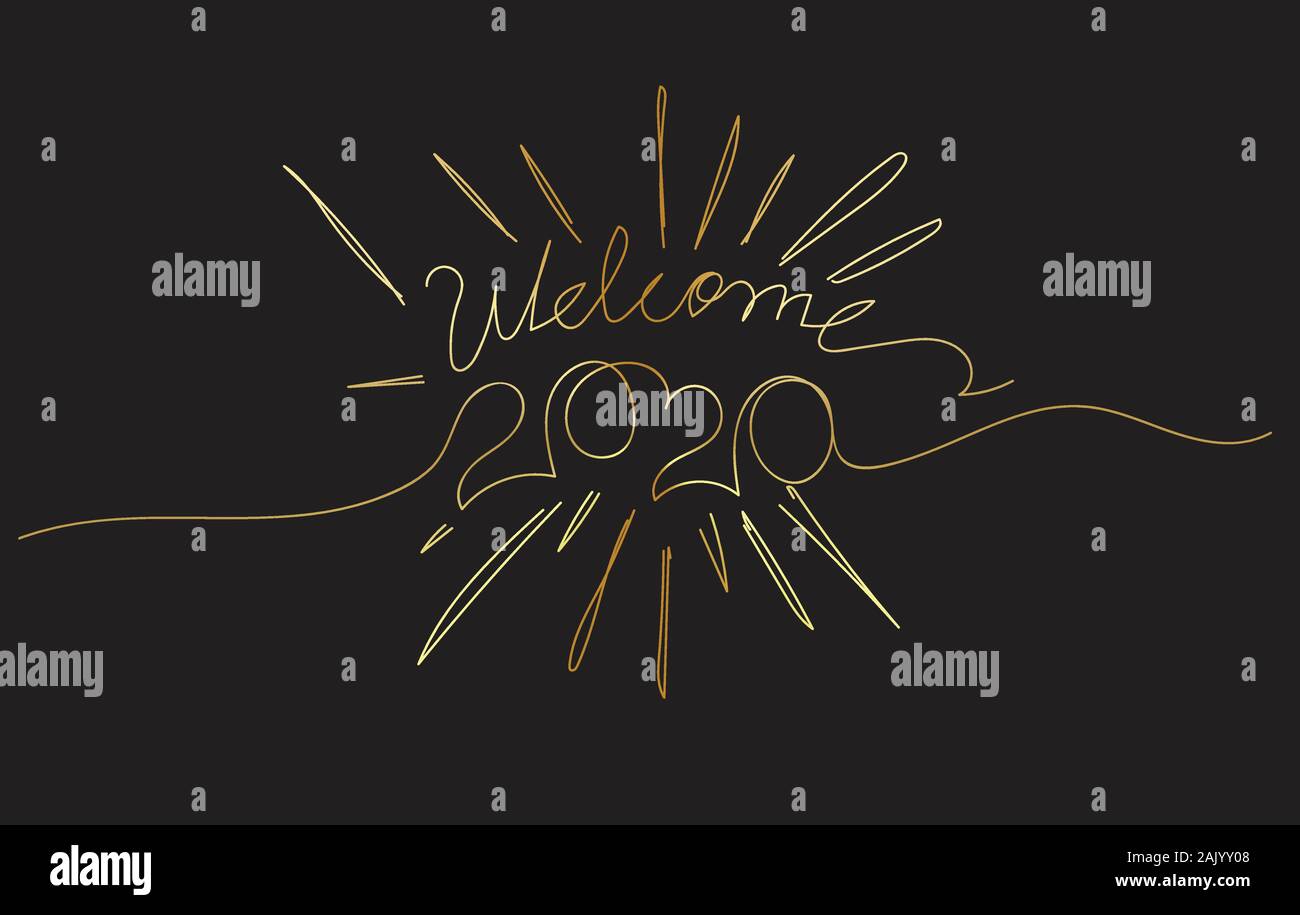 Golden Welcome 2020 single continuous line art. New Year greeting card ...