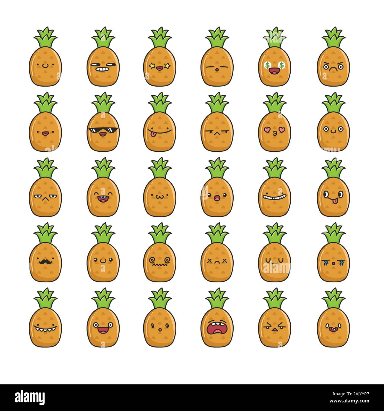 Collection of kawaii pineapple emoticons cartoons isolated on white ...
