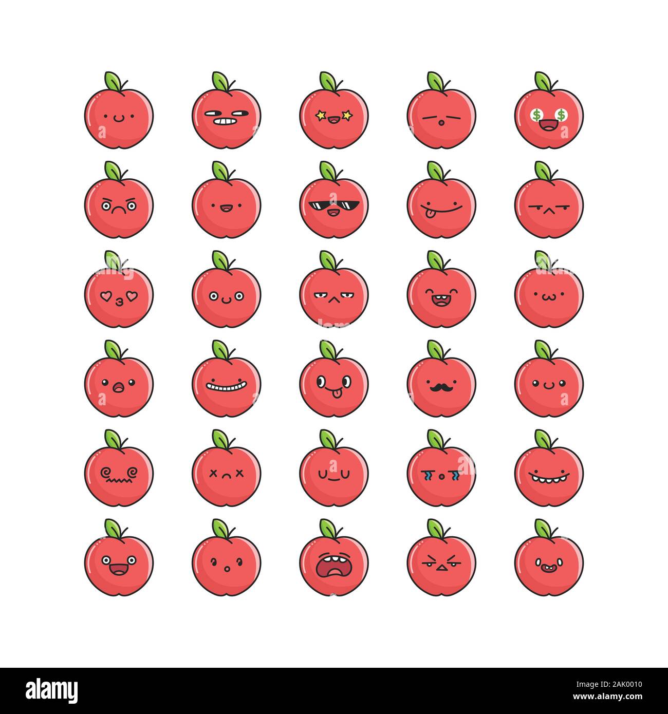 Collection of kawaii apple emoticons cartoons isolated on white Stock ...