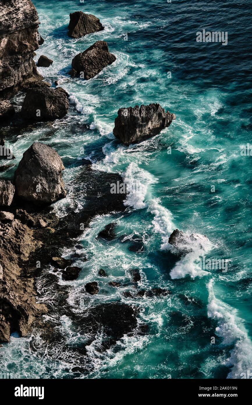 Aerial view to sea landscape, water with waves and rocks. Dramatic ...