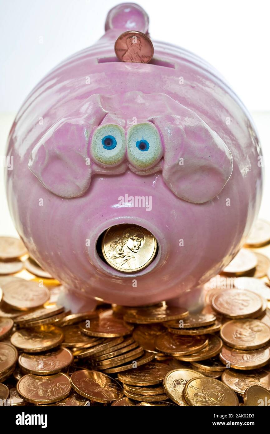 Piggy bank with dollar gold coins with native american sacajawea's ...