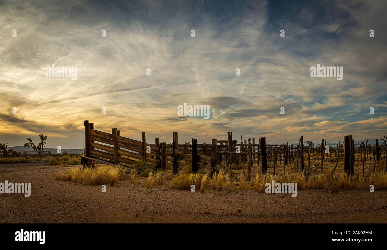 Panorama of an old western corral in the desert of Arizona in late ...
