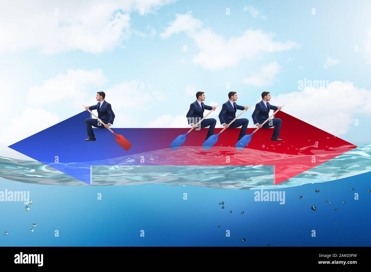Disagreement concept with businessmen rowing in different directions ...