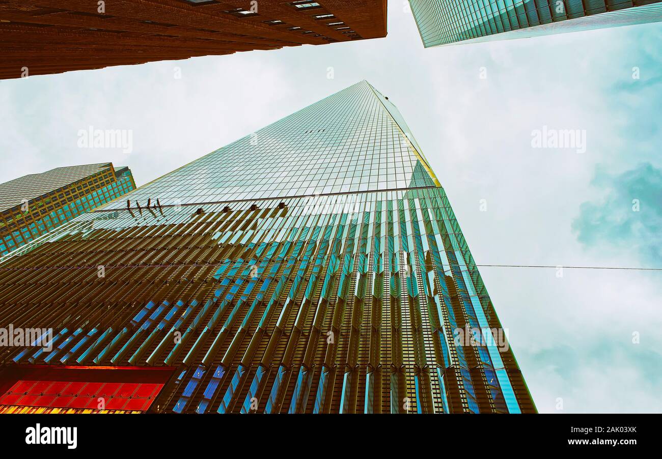 Bottom up view on glass skyscraper in USA New York reflex Stock Photo ...