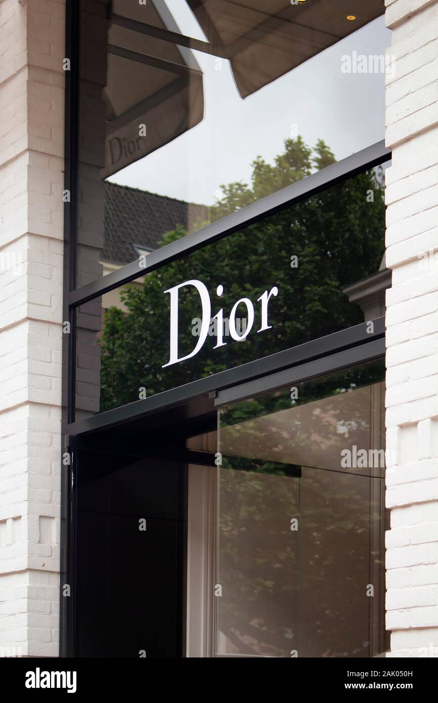 View of signage of French fashion goods manufacturer's store on on ...