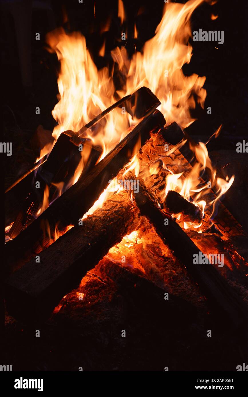 Fire - orange fire flames in the fireplace, burning wooden logs at ...
