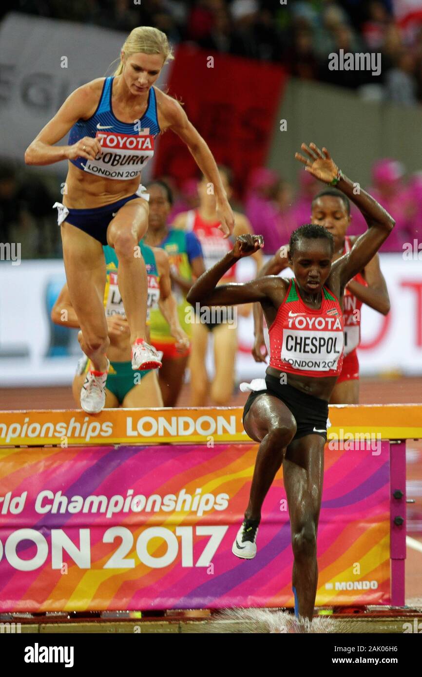Celliphine Chepteek Chespol (Kenya) and Emma Coburn (USA) ) during the ...