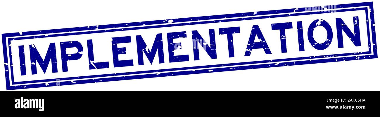 Grunge blue implementation word square rubber seal stamp on white ...