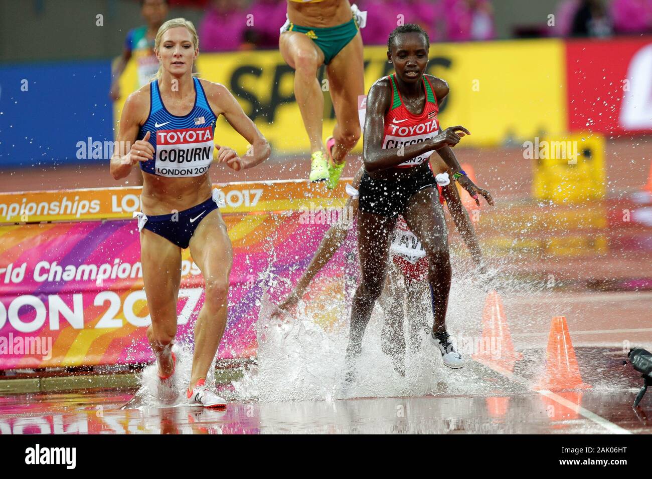 Celliphine Chepteek Chespol (Kenya) and Emma Coburn (USA) ) during the ...