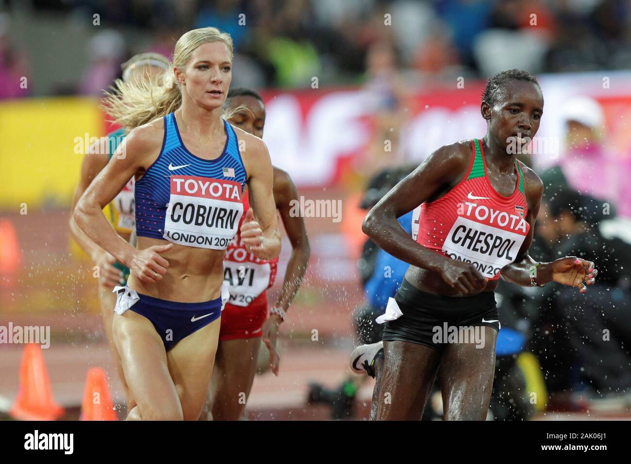 Celliphine Chepteek Chespol (Kenya) and Emma Coburn (USA) ) during the ...
