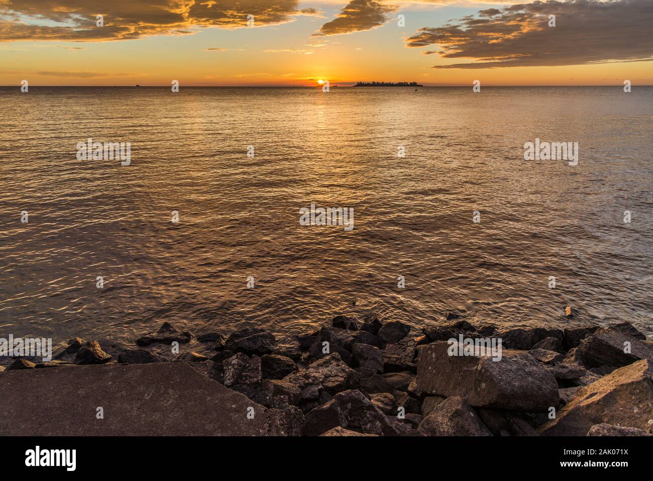 Landscape nature of sunset sky at the beach and colorful shiny sea ...