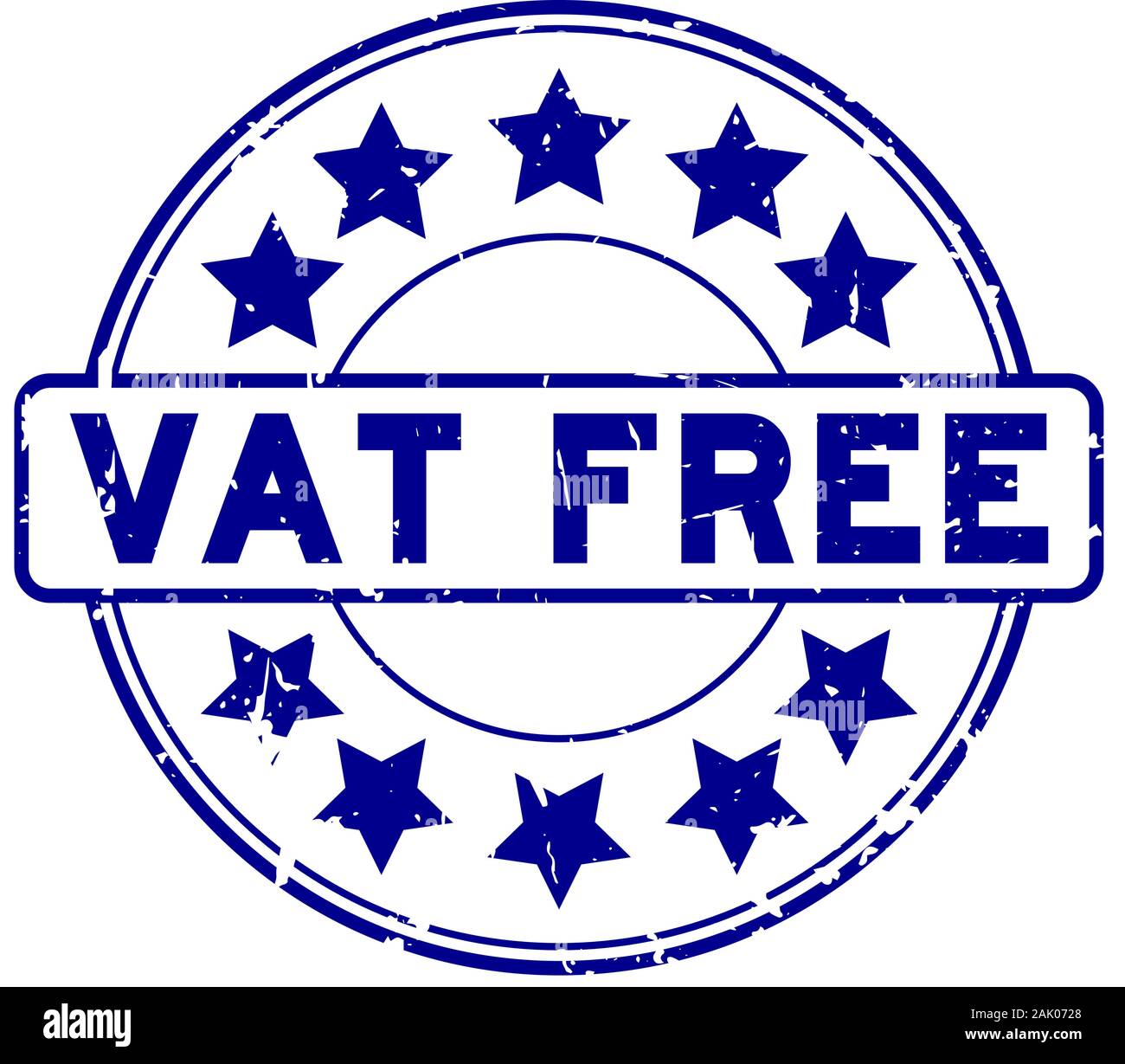 Grunge blue vat free word with star icon round rubber seal stamp on ...