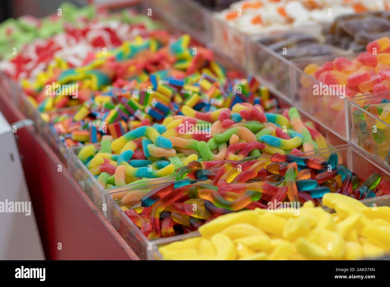 Rubber candies in all kinds of colors and flavors. In the form of ...