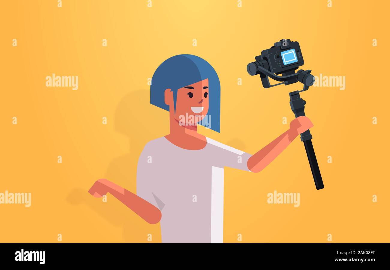 woman blogger holding stabilizer with camera live streaming broadcast ...
