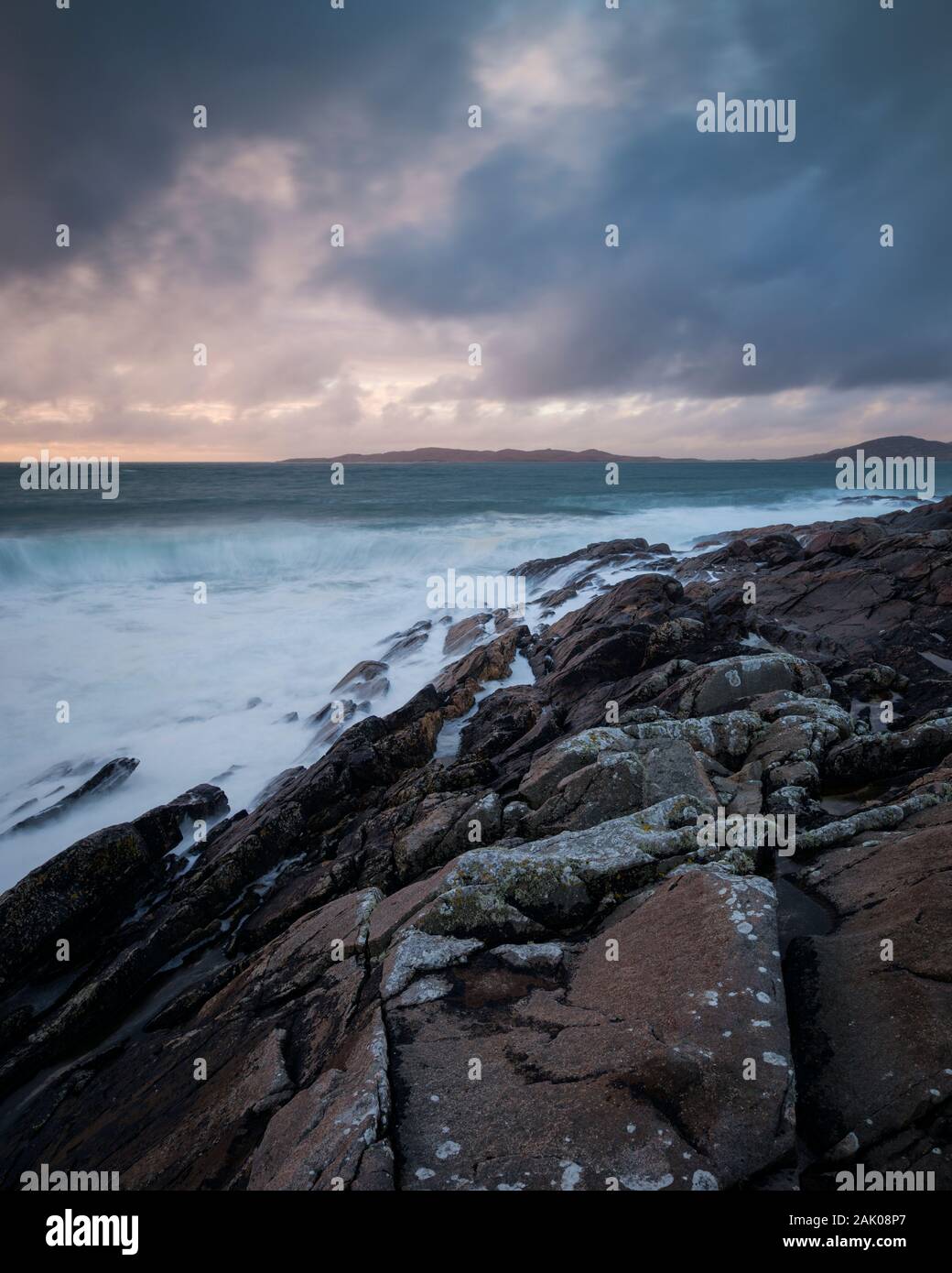 Stormy sea washes across rocky coastline, near Scarista, Isle of Harris ...
